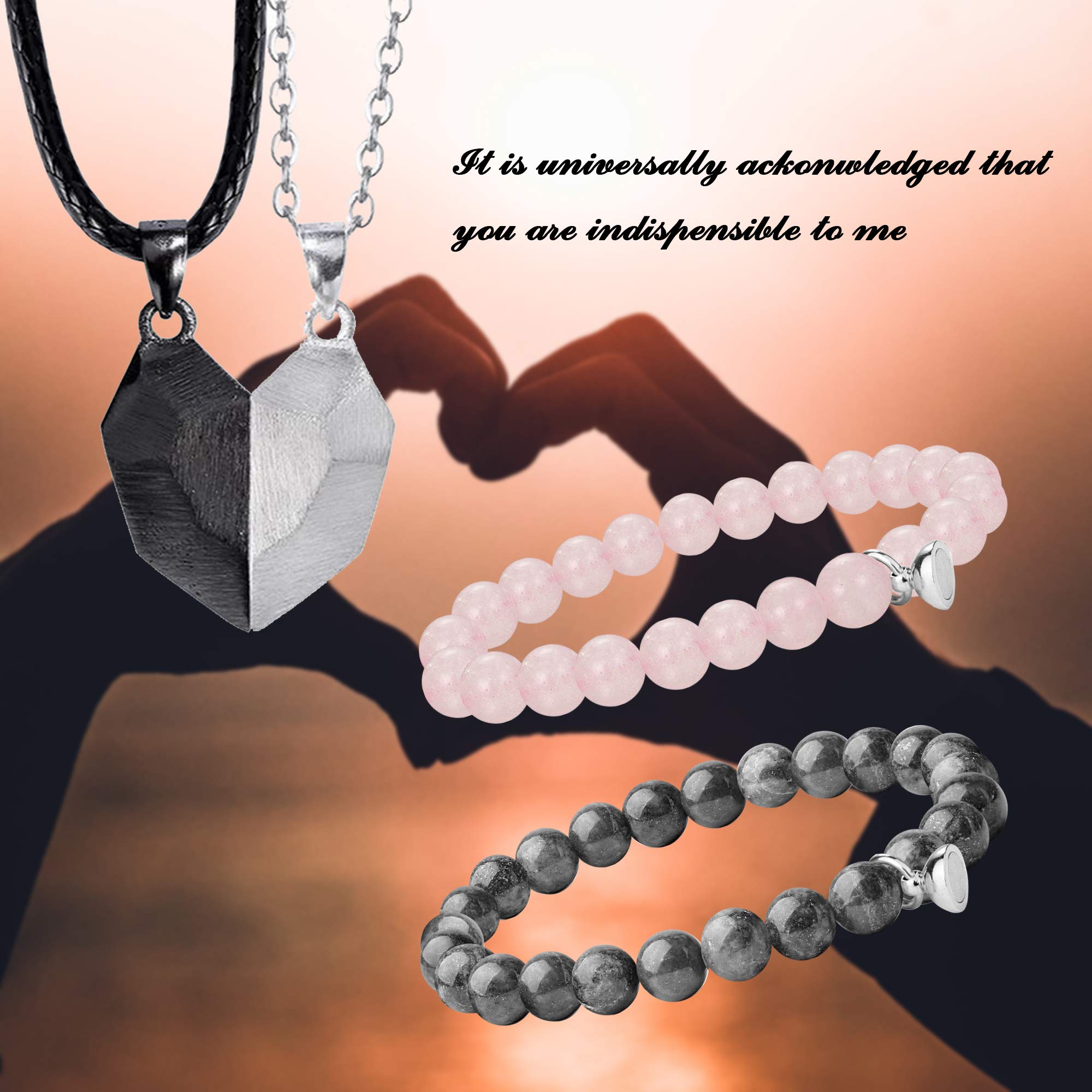 EIELO 4Pcs Couples Bracelet Necklace Set Matching His and Hers Promise Love Heart Pendant Necklace Bracelet for Couples Long Distance Relationship Natural Stone Bead Couple Jewelry (B)