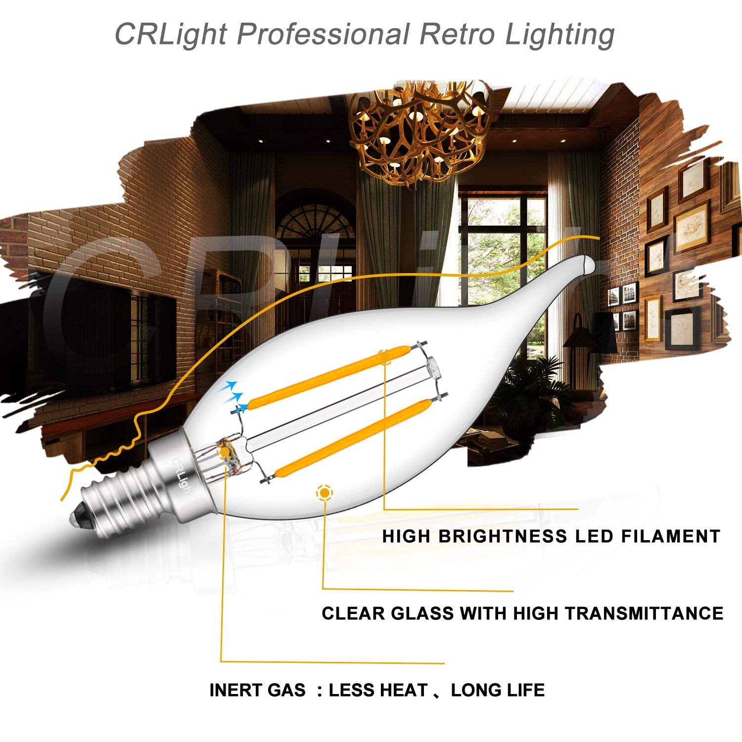 CRLight 2W 250LM Dimmable LED Candelabra Bulb 2500K Warm White, 25W Equivalent E12 LED Candle Bulbs, Antique CA11 Flame Shape Clear Chandelier Light Bulbs, 10 Pack