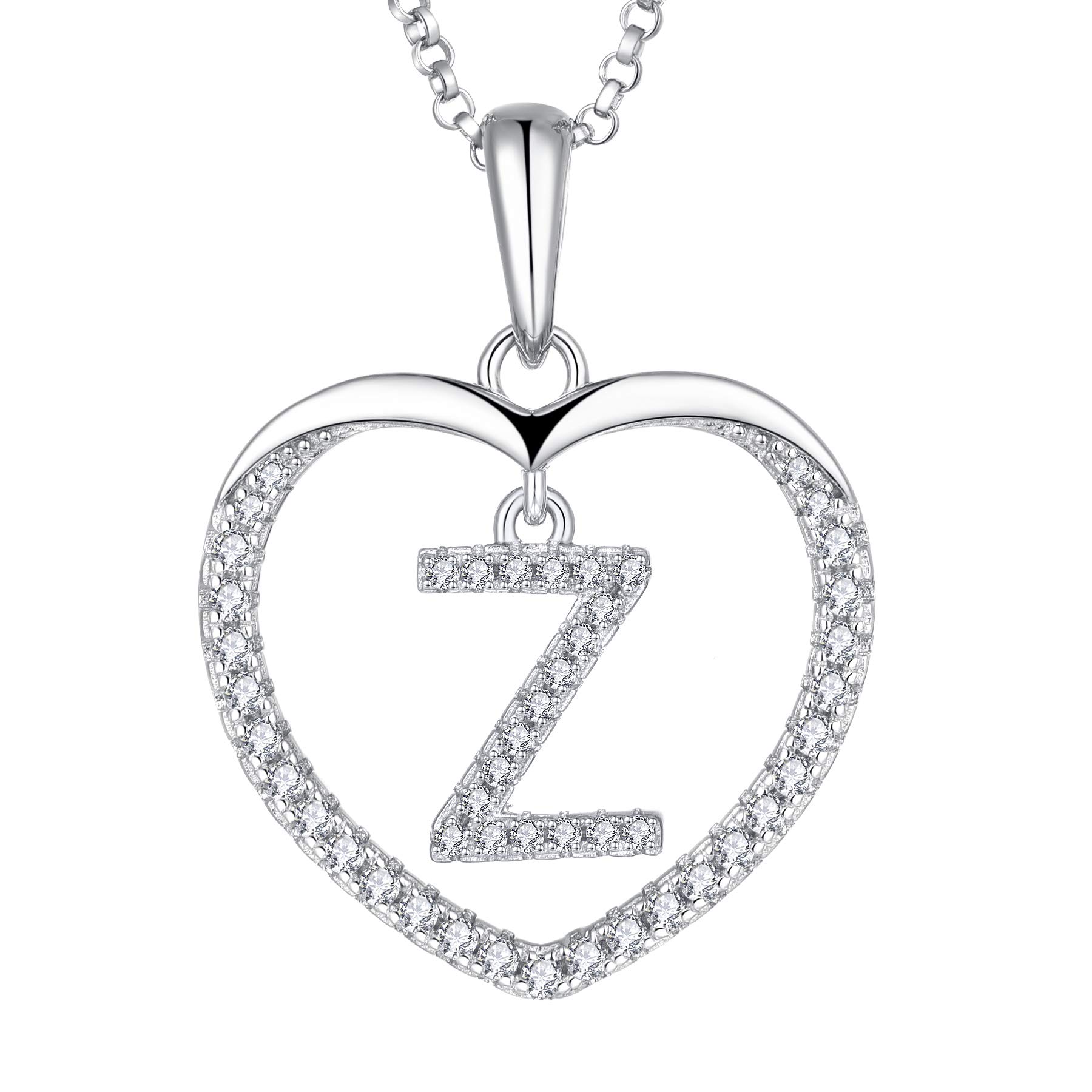 JO WISDOM Women Heart Necklace,925 Sterling Silver 26 Initial Letters Alphabet Z Pendant Necklace with 3A Cubic Zirconia Personalized Jewelry Gift