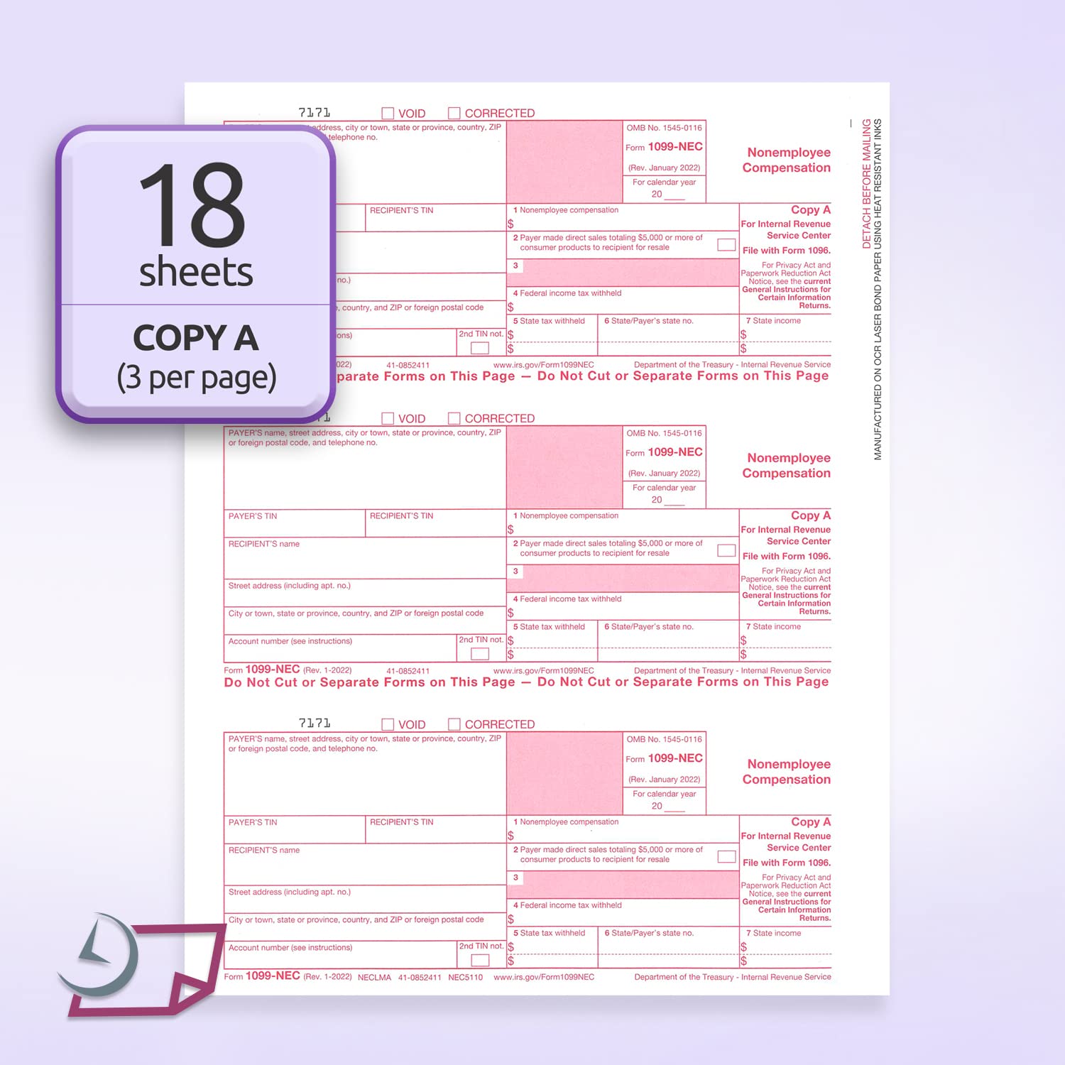 NextDayLabels - 1099-NEC Forms for 2024, 4-Part Tax Forms, Vendor Kit of 50 Laser Forms and 50 Self-Seal Envelopes, Forms Designed for QuickBooks, TFP and Other Accounting Software