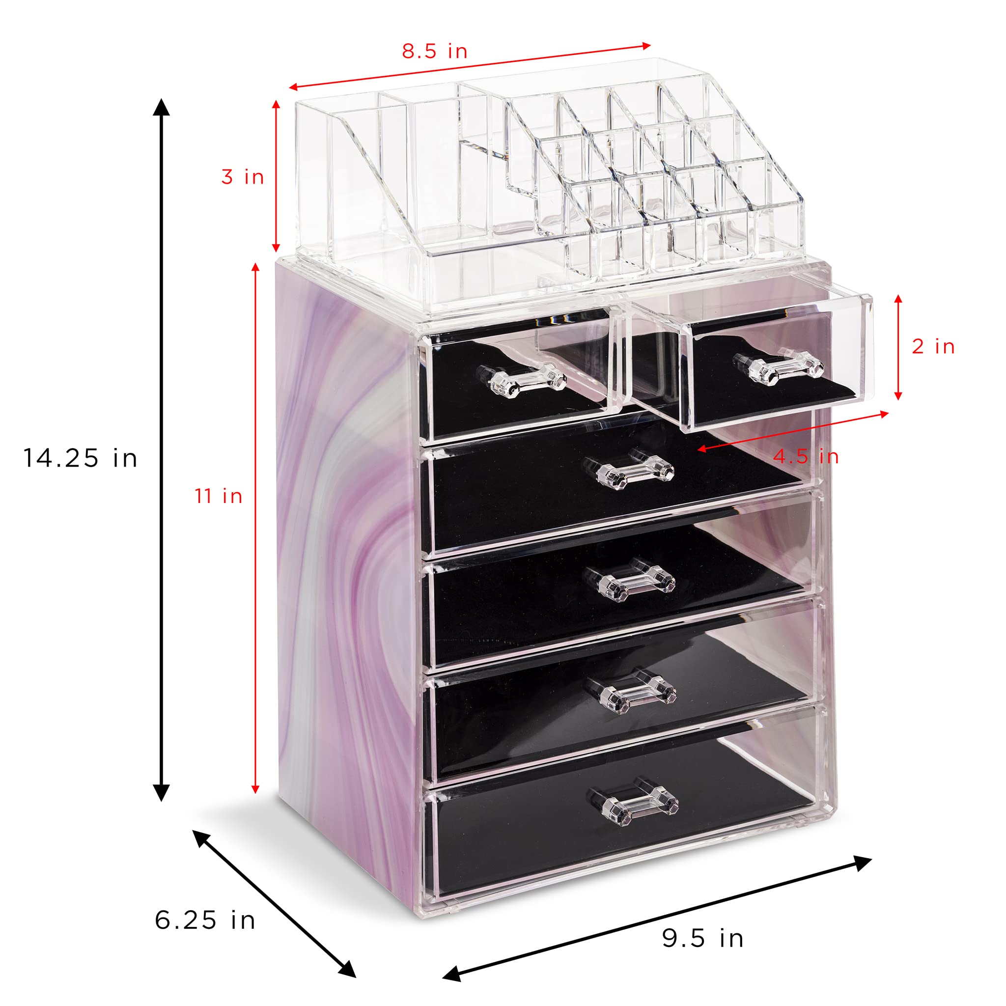 Sorbus Clear Cosmetic Makeup Organizer - Make Up & Jewelry Storage, Case & Display - Spacious Design - Great for Dresser, Bathroom, Vanity & Countertop (4 Large, 2 Small Drawers) [Tie Dye Print]