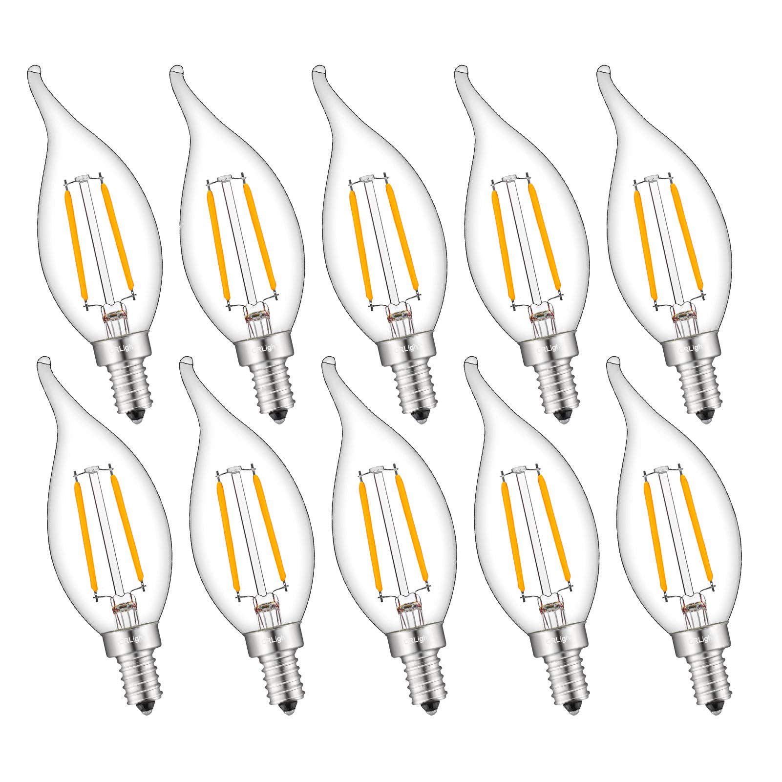 CRLight 2W 250LM Dimmable LED Candelabra Bulb 2500K Warm White, 25W Equivalent E12 LED Candle Bulbs, Antique CA11 Flame Shape Clear Chandelier Light Bulbs, 10 Pack