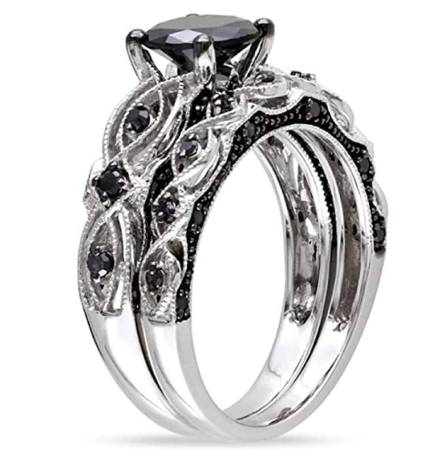 Round Cut Created Black Diamond Milgrain Engagement Bridal Ring Set 14k White Gold Plated 925 Sterling Silver