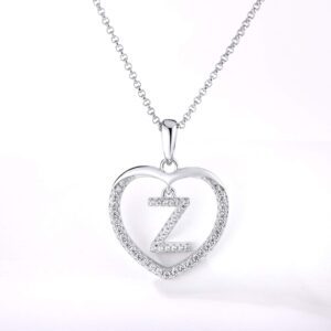 JO WISDOM Women Heart Necklace,925 Sterling Silver 26 Initial Letters Alphabet Z Pendant Necklace with 3A Cubic Zirconia Personalized Jewelry Gift