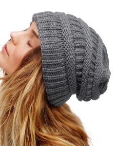 womens satin lined winter beanie hats cable knit beanie for men silk lining thick chunky cap soft slouchy warm hat dark grey