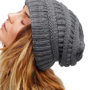 Womens Satin Lined Winter Beanie Hats Cable Knit Beanie for Men Silk Lining Thick Chunky Cap Soft Slouchy Warm Hat Dark Grey