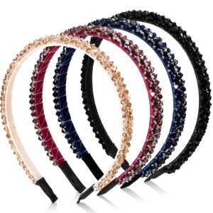 crystal rhinestone beaded headbands - 4 pieces shiny non-slip bling hair accessories for women and girls (purple, black, champagne, navy blue, 1.2 cm/ 0.5 inch)