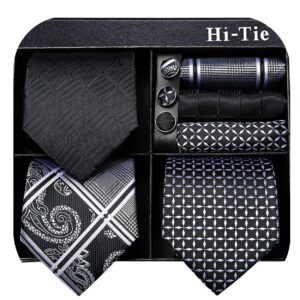 hi-tie 3/5 pcs gift box mens tie set necktie with pocket square and cufflinks silk neck tie collection,black