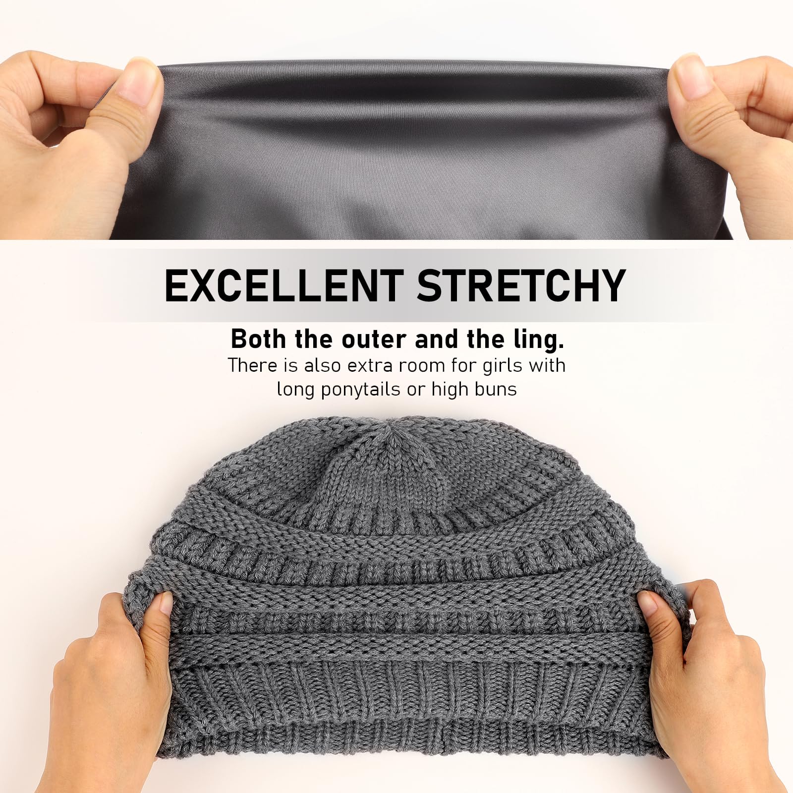 Womens Satin Lined Winter Beanie Hats Cable Knit Beanie for Men Silk Lining Thick Chunky Cap Soft Slouchy Warm Hat Dark Grey