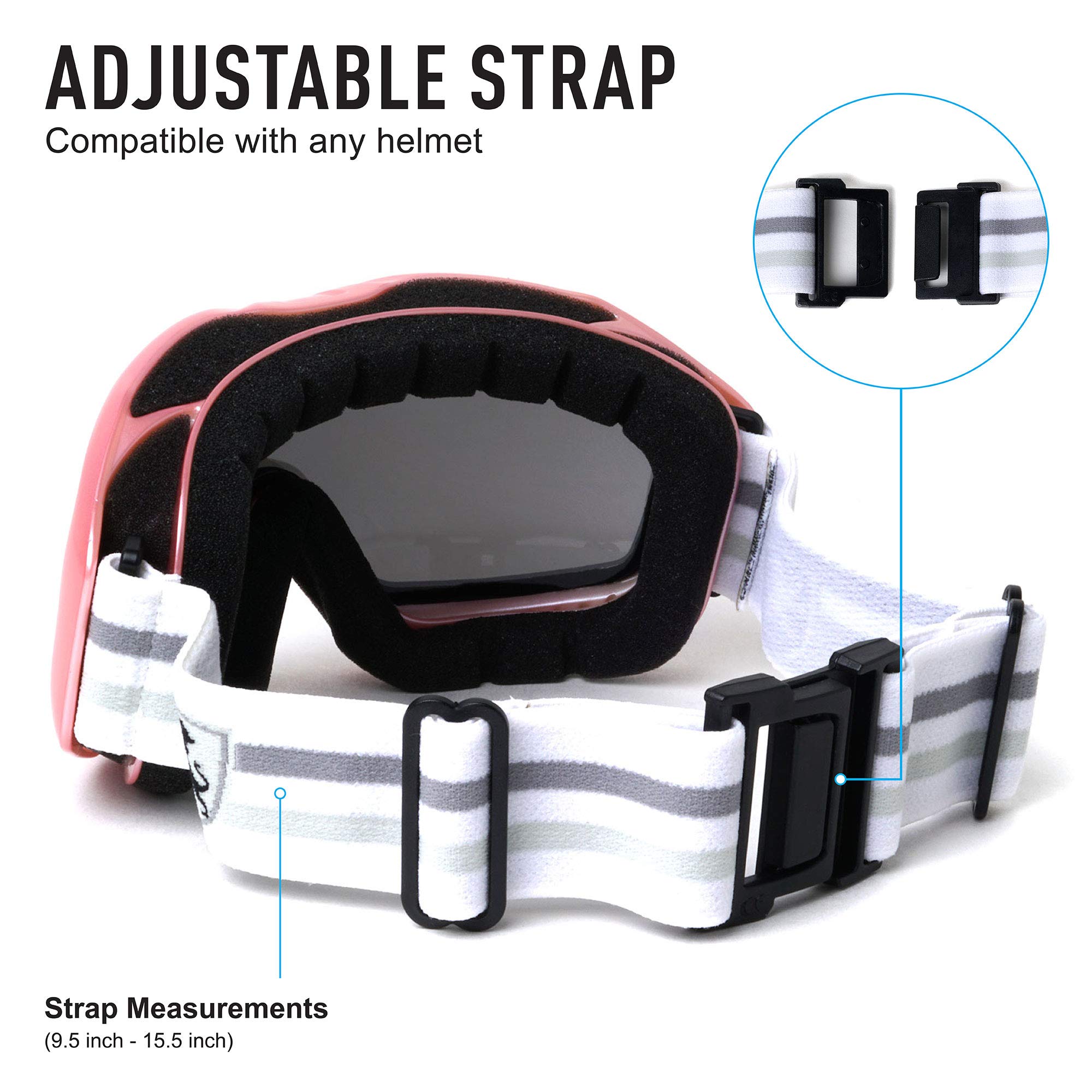 Khan Retro Pink - Adjustable Snow Goggles for winter skiing and snowboard with 100% UV Protection. One size fits all.