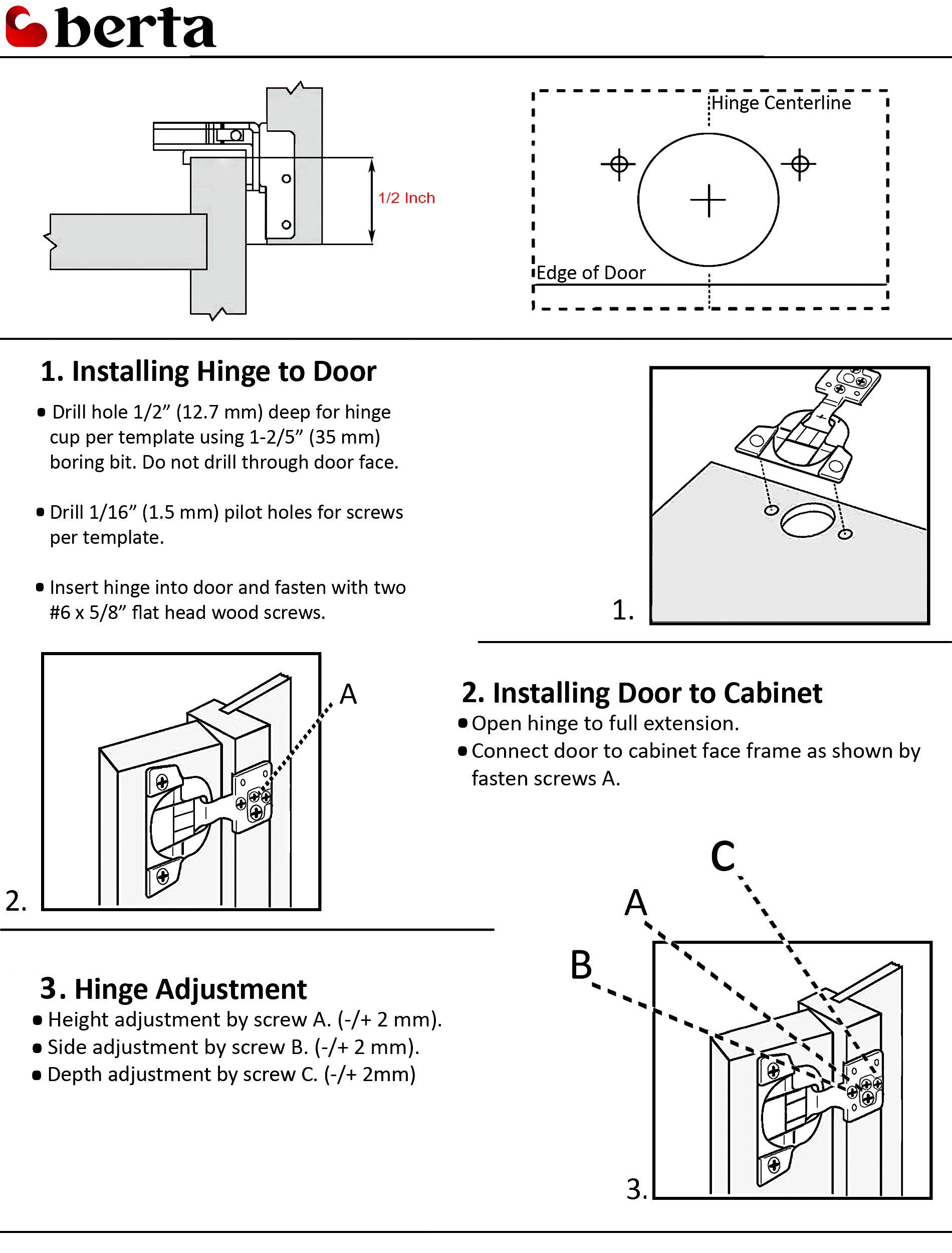 Berta (40 Pieces) 1/2 inch Overlay Soft Closing Face Frame Cabinet Hinges, 105 Degree 6-Ways 3-Cam Adjustment Concealed Kitchen Cabinet Door Hinges with Screws (1/2 in. Overlay, 40 Pieces)