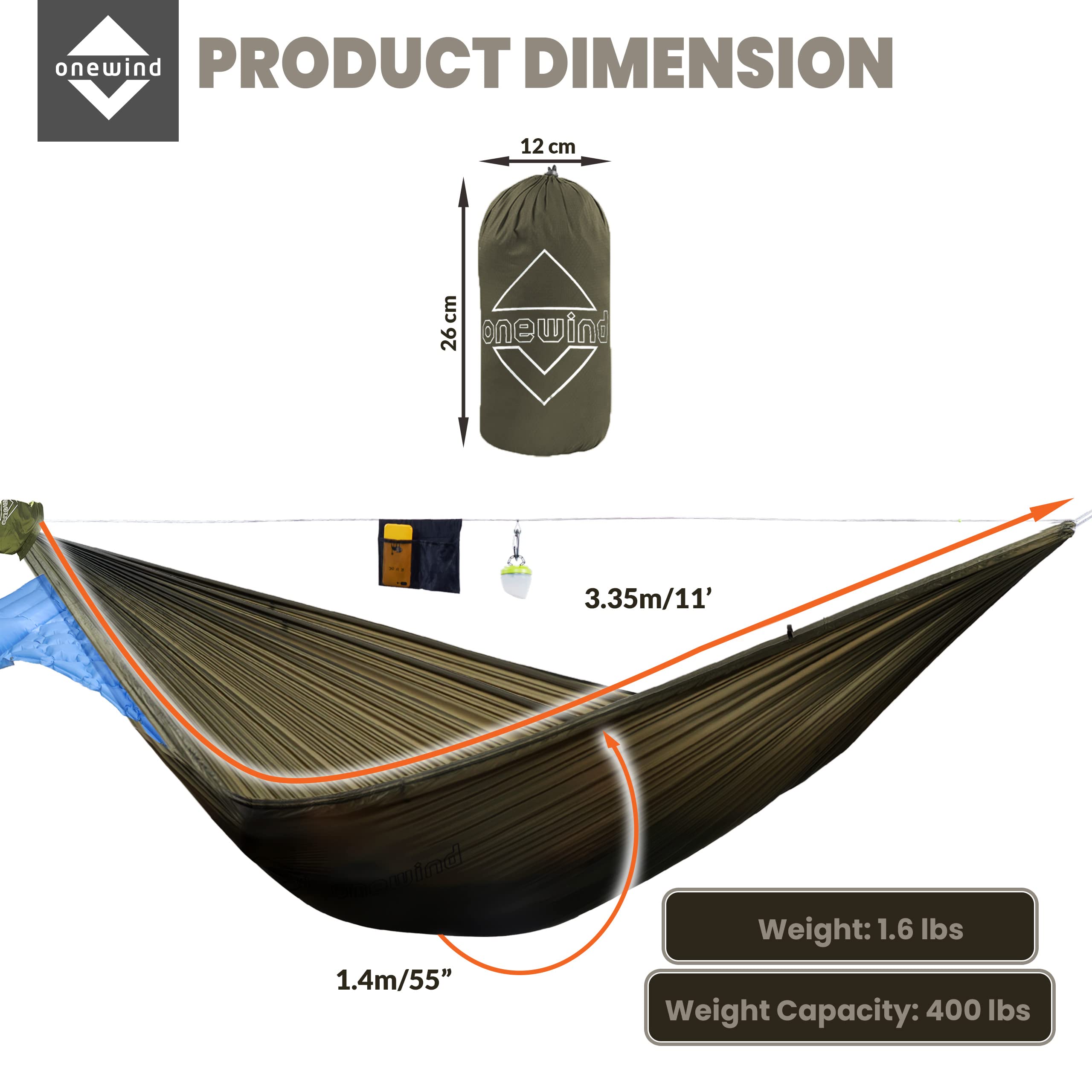 onewind Ultralight Camping Hammock, 11ft Double Layer Hammock Portable Lightweight Large Hammock with Tree Straps for Winter Camping, Backpacking and Hiking, OD Green