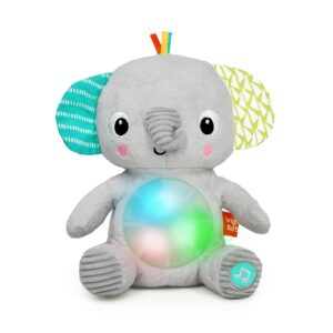 bright starts hug-a-bye baby elephant stuffed animal musical toy, soft toy soother plays songs & lights up, newborn and up