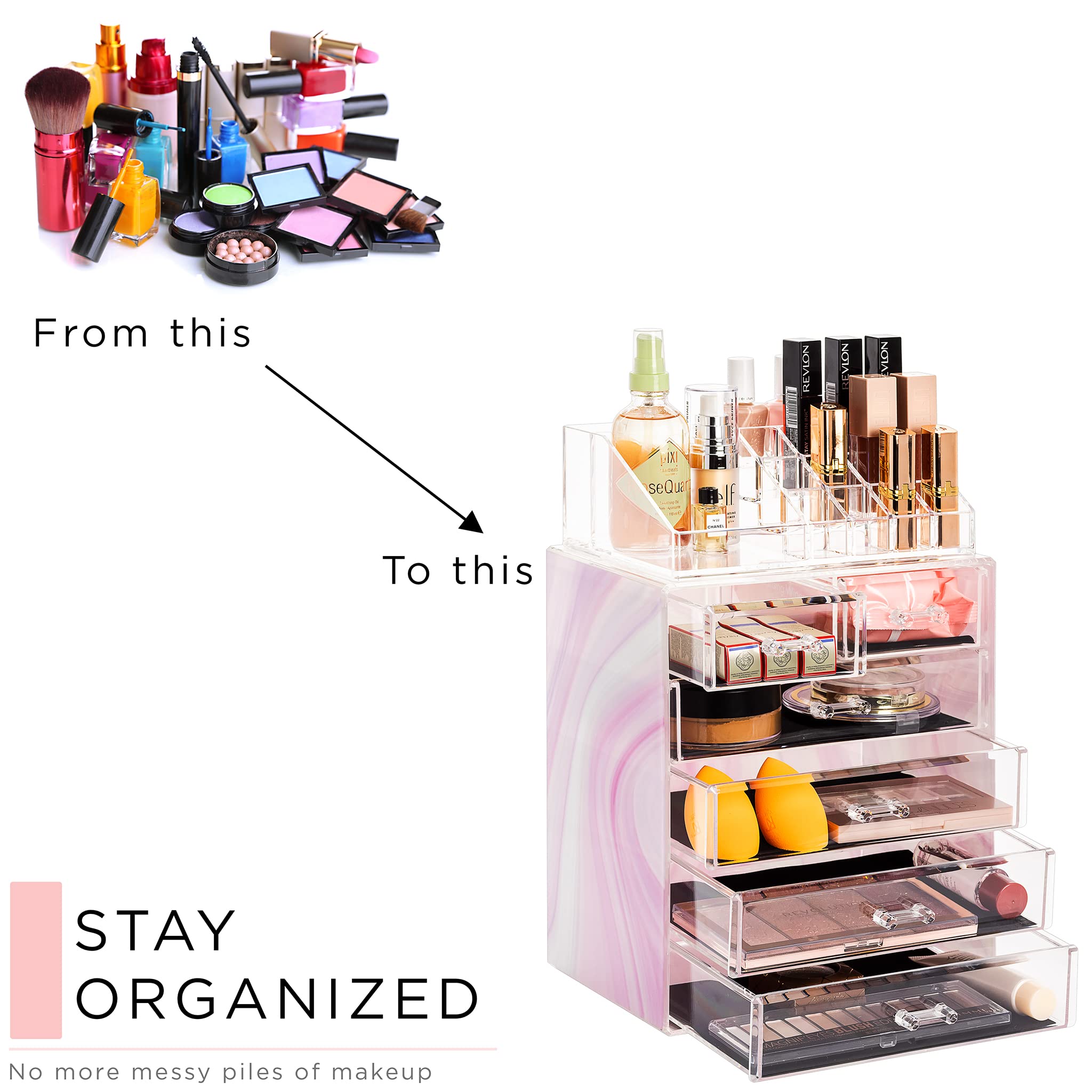 Sorbus Clear Cosmetic Makeup Organizer - Make Up & Jewelry Storage, Case & Display - Spacious Design - Great for Dresser, Bathroom, Vanity & Countertop (4 Large, 2 Small Drawers) [Tie Dye Print]