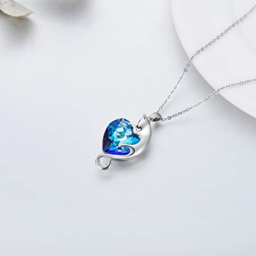 AOBOCO Cat Necklace Sterling Silver Cute Cat Pendant Jewelry with Ocean Blue Heart Crystal Gifts for Cat lover