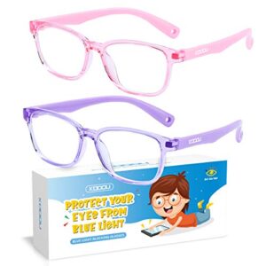 kddou 2 pack kids blue light blocking glasses for girls & boys 3-12, toddler fake play computer screen bluelight blocker (pink+ purple)