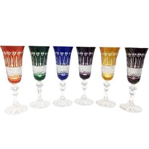 6 flutes colored glasses for champagne crystal - 6 colors assortments - roemer service diamant (17 cl) - klein house - company : artisan du cristal - gift set - stamped : klein 54120 baccarat france