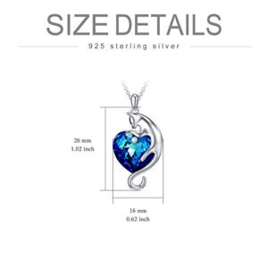 AOBOCO Cat Necklace Sterling Silver Cute Cat Pendant Jewelry with Ocean Blue Heart Crystal Gifts for Cat lover