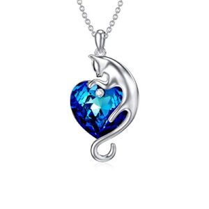 aoboco cat necklace sterling silver cute cat pendant jewelry with ocean blue heart crystal gifts for cat lover