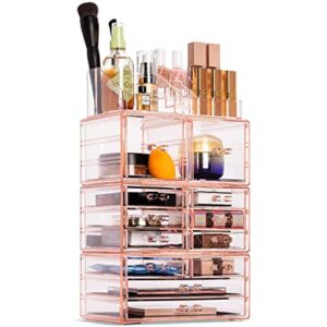 sorbus large makeup organizer - clear stackable jewelry & makeup organizer for vanity, bathroom storage, dresser - 12 drawers cosmetic beauty organizers and storage with lipstick, makeup brush holder