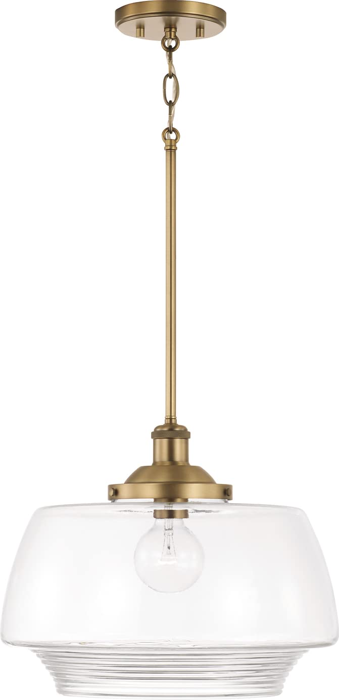 Capital Lighting 342211AD Miller Urban/Industrial Clear Ribbed Glass Pendant Light Fixture, 1-Light 100 Watt, 12" H x 15" W, Aged Brass