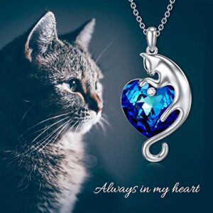 AOBOCO Cat Necklace Sterling Silver Cute Cat Pendant Jewelry with Ocean Blue Heart Crystal Gifts for Cat lover