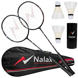 nalax badminton set,2 player badminton rackets carbon fiber badminton racquet with 3 shuttlecocks and 1 carrying bag,badminton backyard games for outdoor,garden,beach,family fun game