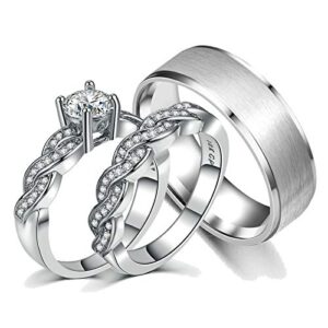 ahloe jewelry cejug wedding ring sets for him and her women men titanium stainless steel bands 18k white gold 1.5ct cz couple rings size 11&7