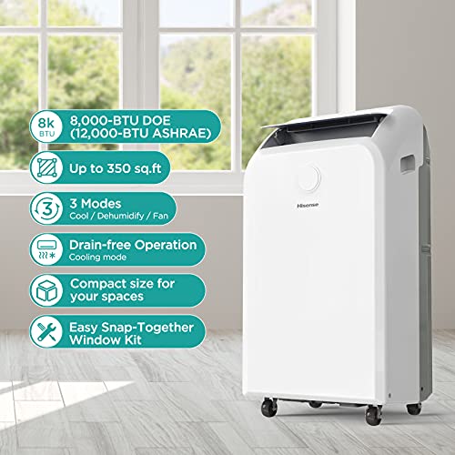 Hisense Portable Air Conditioner 8,000 BTU Cooling Dehumidifier Fan for Rooms up to 350 sq.ft, Remote Control, Long Distance Air Flow, White