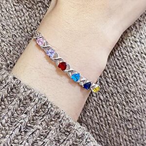 Personalized Heart Link Bracelet for Women Custom 2-7 Names Bracelets with Simulated Birthstones Adjustable Family Bracelets for Mother Daughter (3 names)