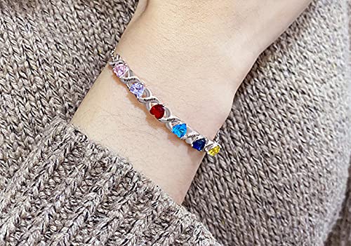 Personalized Heart Link Bracelet for Women Custom 2-7 Names Bracelets with Simulated Birthstones Adjustable Family Bracelets for Mother Daughter (3 names)