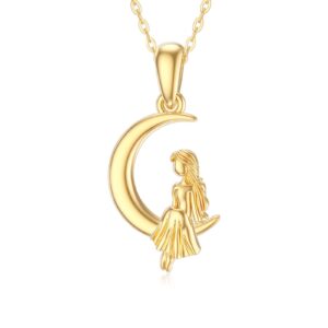 14k solid gold moon girl pendant necklaces for women - necklaces gold jewelry present for wife girlfriend mother,16+1+1 inch