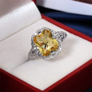 925 sterling silver shining citrine ring square perfect cut 3ct cubic zirconia promise rings cz yellow gemstone solitaire ring eternity engagement wedding band ring sets for women tz.74 (us code 6)