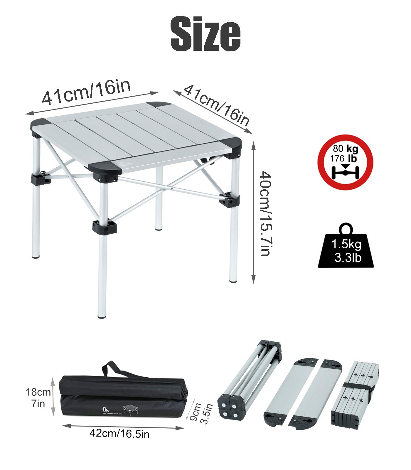 iClimb Lightweight Stable Alu. Folding Square Table Roll Up Top with Carry Bag for Camping Picnic Backyards BBQ Camp Kitchen (Silver, S)