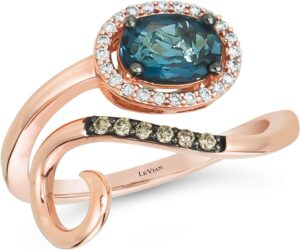 le vian 1/8 carat diamond and oval blue topaz bypass ring for women in 14k rose gold (g-h/fancy brown, vs2-si1, cttw) anniversary promise ring size 7