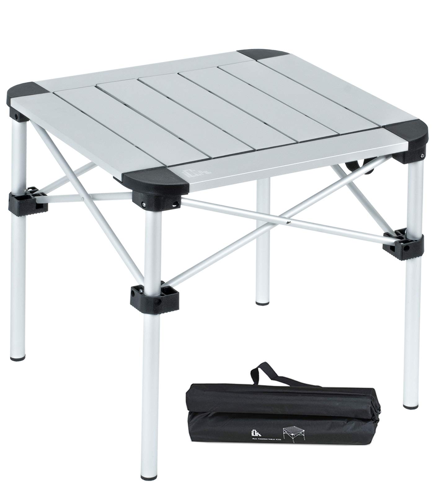 iClimb Lightweight Stable Alu. Folding Square Table Roll Up Top with Carry Bag for Camping Picnic Backyards BBQ Camp Kitchen (Silver, S)