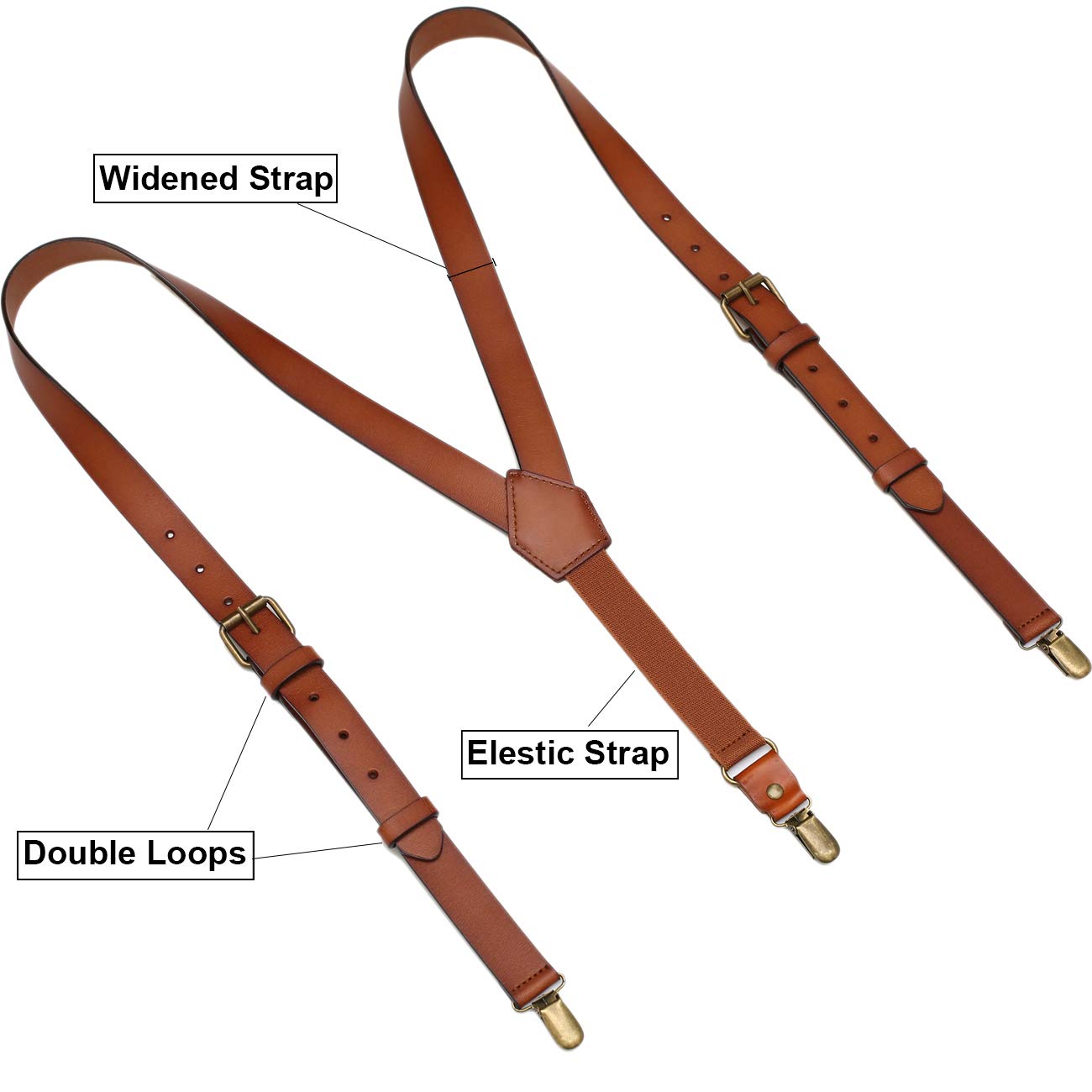 EURYNOME Leather Suspenders For Men Wide Genuine Leather Suspenders Adjustable Brown Personalized groomsmen gifts