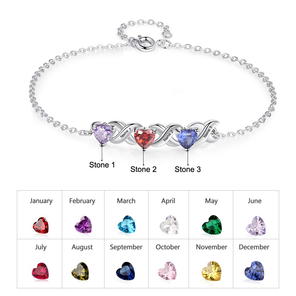 Personalized Heart Link Bracelet for Women Custom 2-7 Names Bracelets with Simulated Birthstones Adjustable Family Bracelets for Mother Daughter (3 names)