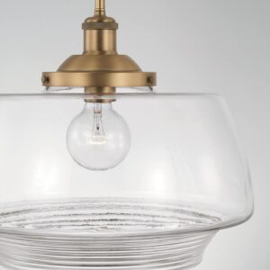 Capital Lighting 342211AD Miller Urban/Industrial Clear Ribbed Glass Pendant Light Fixture, 1-Light 100 Watt, 12" H x 15" W, Aged Brass