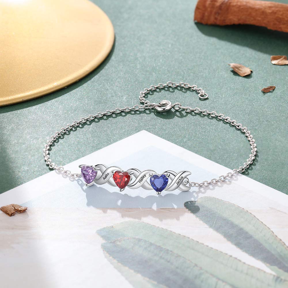 Personalized Heart Link Bracelet for Women Custom 2-7 Names Bracelets with Simulated Birthstones Adjustable Family Bracelets for Mother Daughter (3 names)