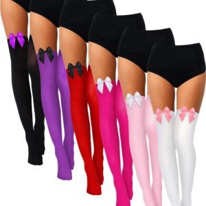 Geyoga 6 Pairs Satin Bow Stockings Women Thigh High Stockings Over Knee Long Stockings Halloween Socks for Women Dress(Average Size,Vivid Color)