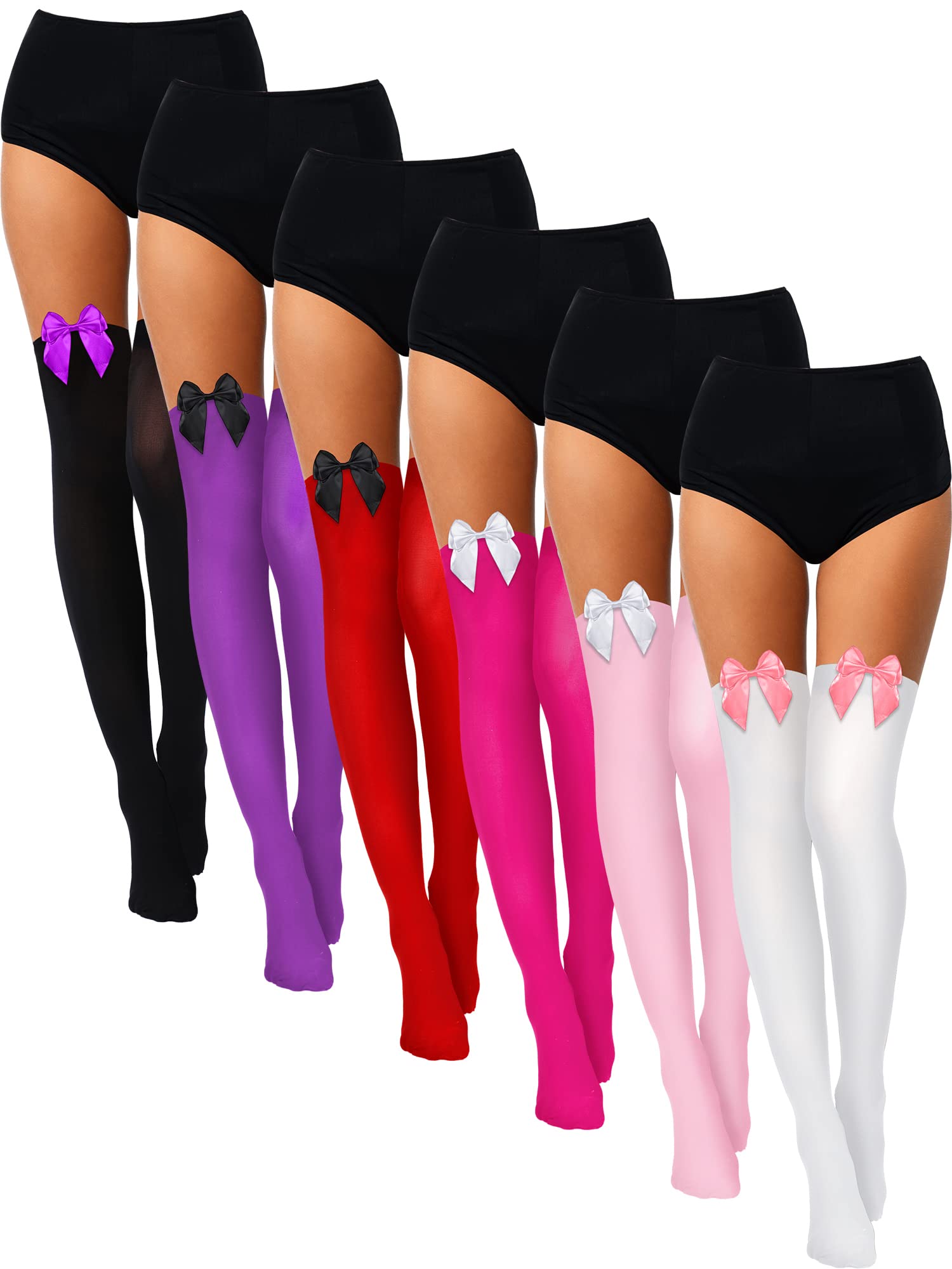 Geyoga 6 Pairs Satin Bow Stockings Women Thigh High Stockings Over Knee Long Stockings Halloween Socks for Women Dress(Average Size,Vivid Color)