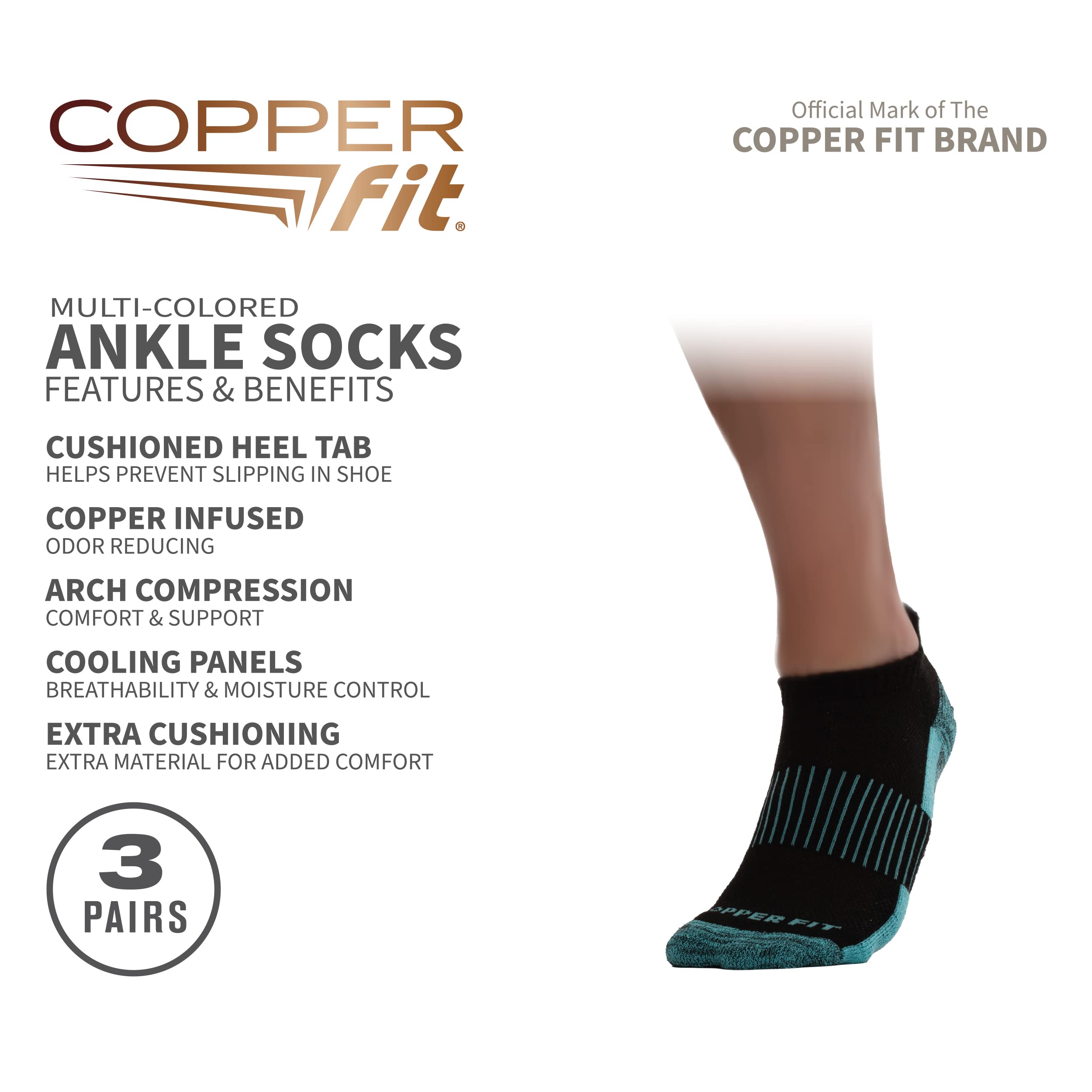 Copper Fit unisex adult Ankle Length Sport Socks, Black/Multi, Small-Medium US