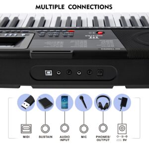 MUSTAR Piano Keyboard, MEKS-500 61 Key Learning Keyboard Piano with Lighted Up Keys, Electric Piano Keyboard for Beginners, Stand, Sustain Pedal, Headphones/Microphone, USB Midi, Built-in Speakers