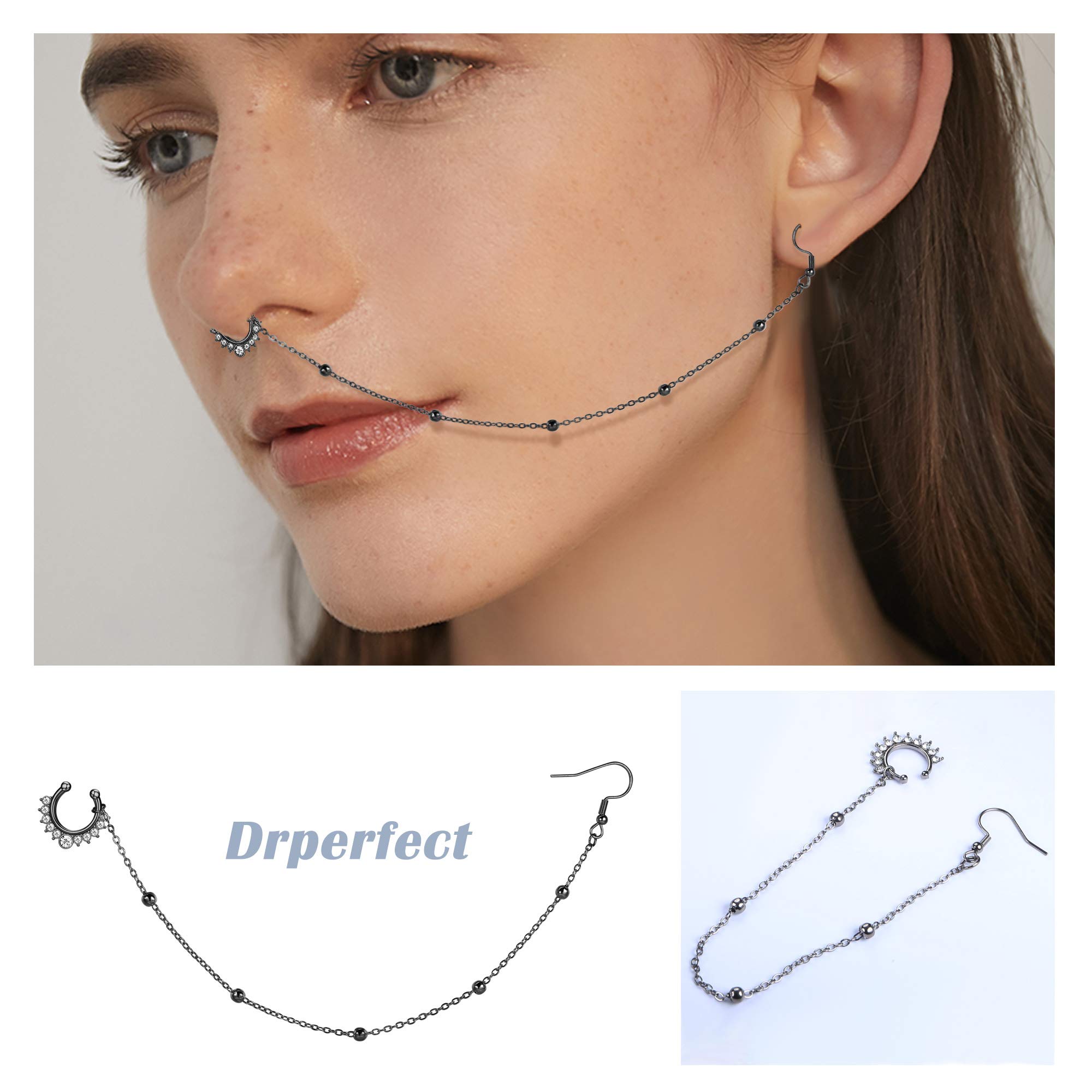 Drperfect Fake Nose ring for Women Men Non Piercing Nose Hoop Ring Chain to Ear Nose Studs Horseshoe Septum Ring Clip On Faux Septum Piercing Jewelry