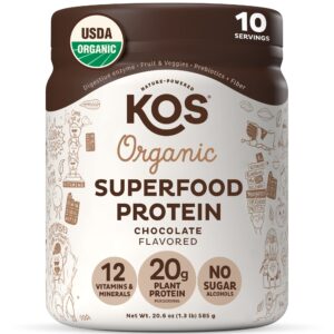 kos vegan protein powder, chocolate usda organic - low carb pea protein blend, plant based superfood with vitamins & minerals - keto, soy, gluten free - meal replacement for women & men - 10 servings