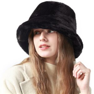 octeen faux fur bucket hat winter fluffy cap fuzzy warm hat for women men a black