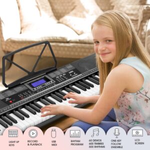 MUSTAR Piano Keyboard, MEKS-500 61 Key Learning Keyboard Piano with Lighted Up Keys, Electric Piano Keyboard for Beginners, Stand, Sustain Pedal, Headphones/Microphone, USB Midi, Built-in Speakers