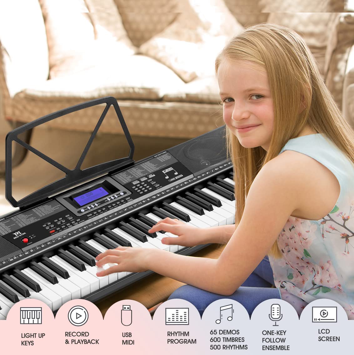 MUSTAR Piano Keyboard, MEKS-500 61 Key Learning Keyboard Piano with Lighted Up Keys, Electric Piano Keyboard for Beginners, Stand, Sustain Pedal, Headphones/Microphone, USB Midi, Built-in Speakers