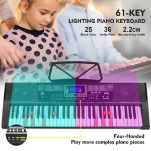 MUSTAR Piano Keyboard, MEKS-500 61 Key Learning Keyboard Piano with Lighted Up Keys, Electric Piano Keyboard for Beginners, Stand, Sustain Pedal, Headphones/Microphone, USB Midi, Built-in Speakers